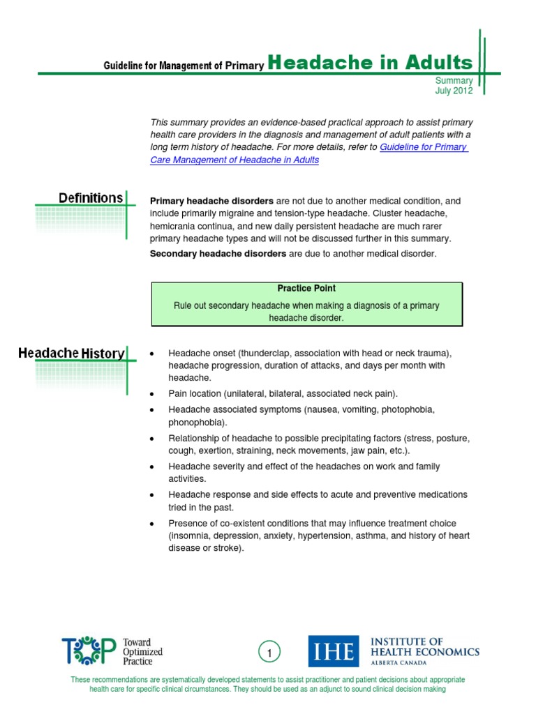Summary Guideline For Management of Primary Headache in Adults PDF ...