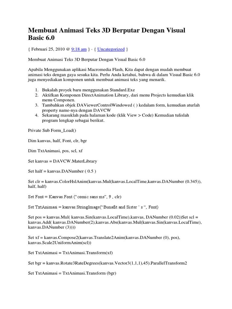 Animasi 3D Teks di Visual Basic 6.0 | PDF | Metode & Bahan Ajar | Komputer