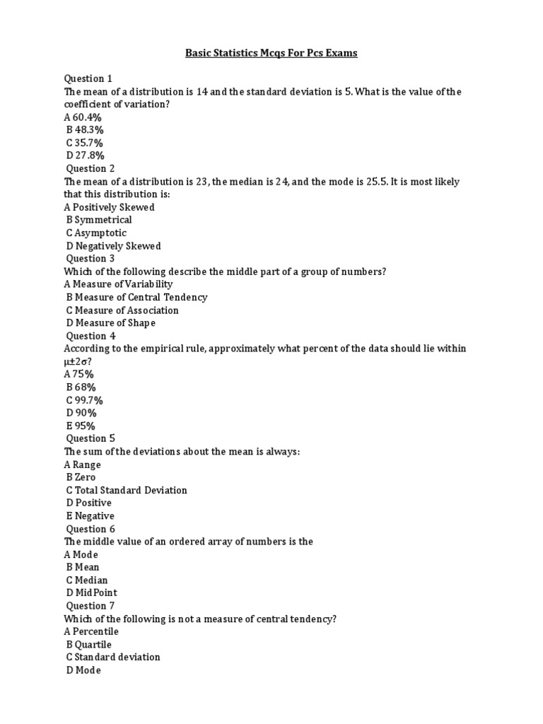 Basic Statistics Mcqs For Pcs Exams | PDF | Median | Mode (Statistics)