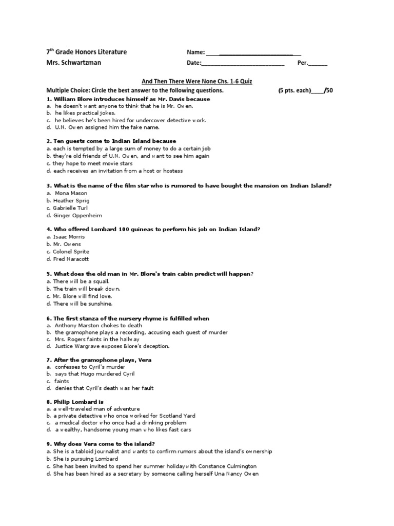 And Then There Were None Quiz: Chs. 1-6 | PDF