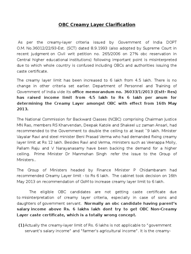 OBC Creamy Layer Clarification | PDF | Independent India | Social Inequality