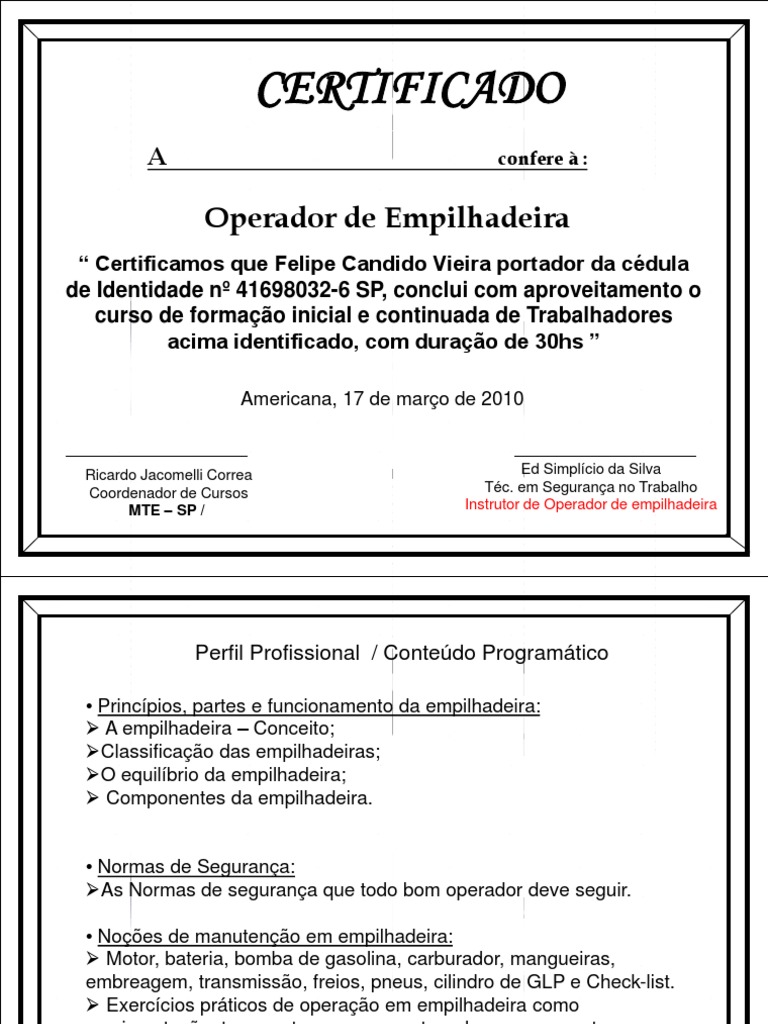 Certificado de Operador de Empilhadeira | PDF