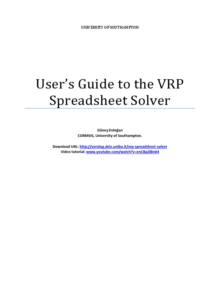 User's Guide To The VRP Spreadsheet Solver: University of Southampton | PDF | Microsoft Excel ...
