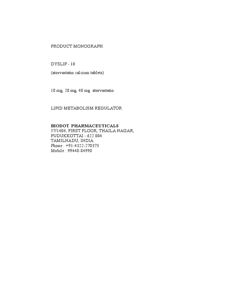 Product Monograph: Biodot Pharmaceuticals | PDF | Heart | Metabolic ...