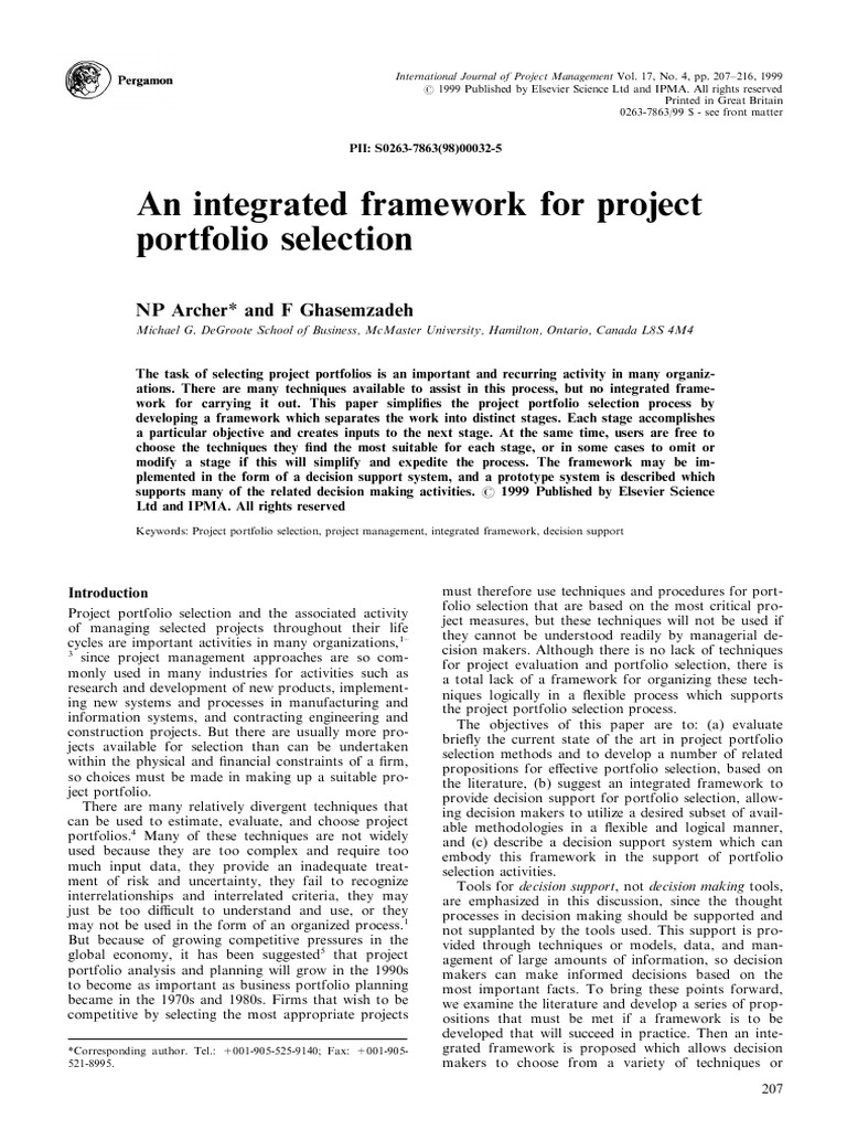 N1 An Integratproject Portfolio Ed Framework For Project Portfolio