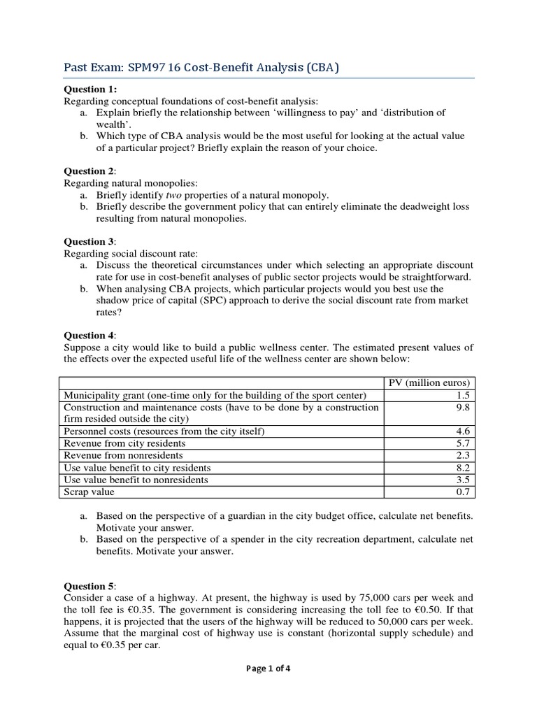 Past Exam: SPM9716 Cost-Benefit Analysis (CBA) : Page 1 of 4 | PDF ...