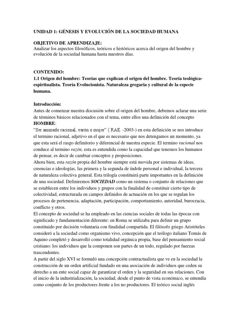 Génesis Y Evolución De La Sociedad Humana Objetivo De Aprendizaje Pdf