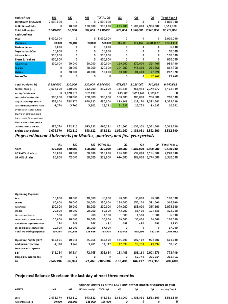 Projected Income Statements For Months, Quarters, and First Year ...