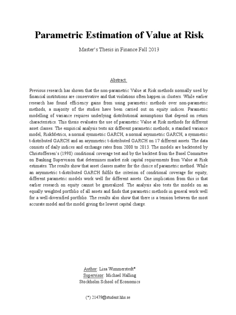 Parametric Estimation of Value at Risk: Master's Thesis in Finance Fall ...