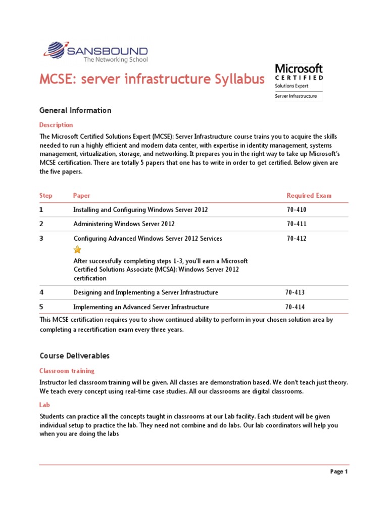 MCSE: Server Infrastructure Syllabus: General Information | PDF ...