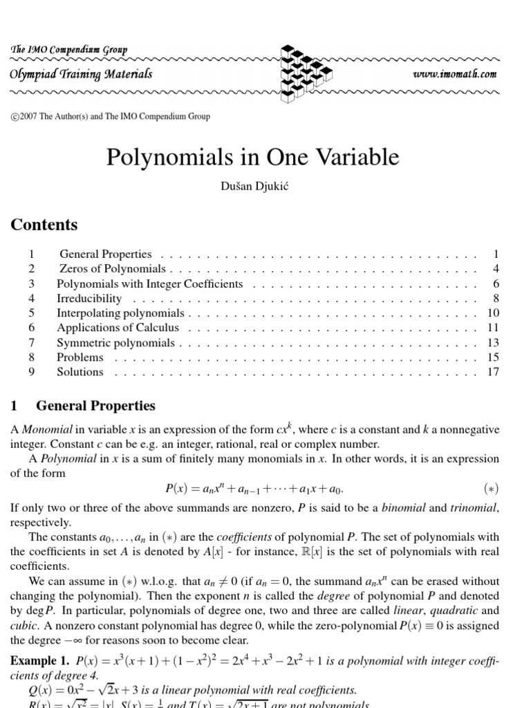 IMOMATH - Polynomials of One Variable | PDF | Polynomial | Factorization