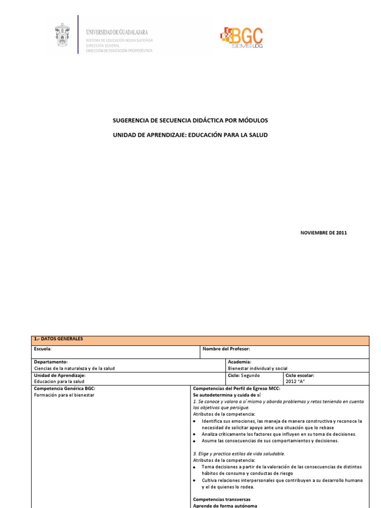 Sugerencia de Secuencia Didáctica Por Módulos Unidad de Aprendizaje - Educación para La Salud ...