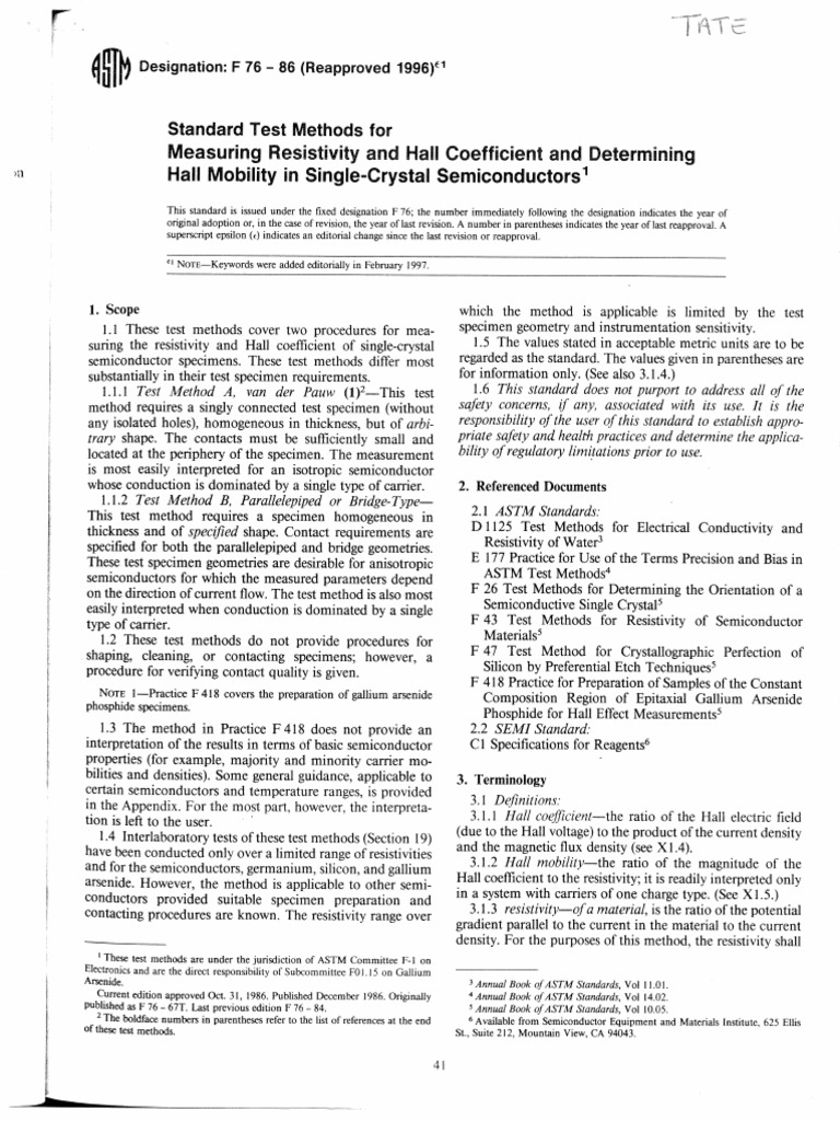 Standard Test Methods For Measuring Resistivity and Hall Coefficient ...