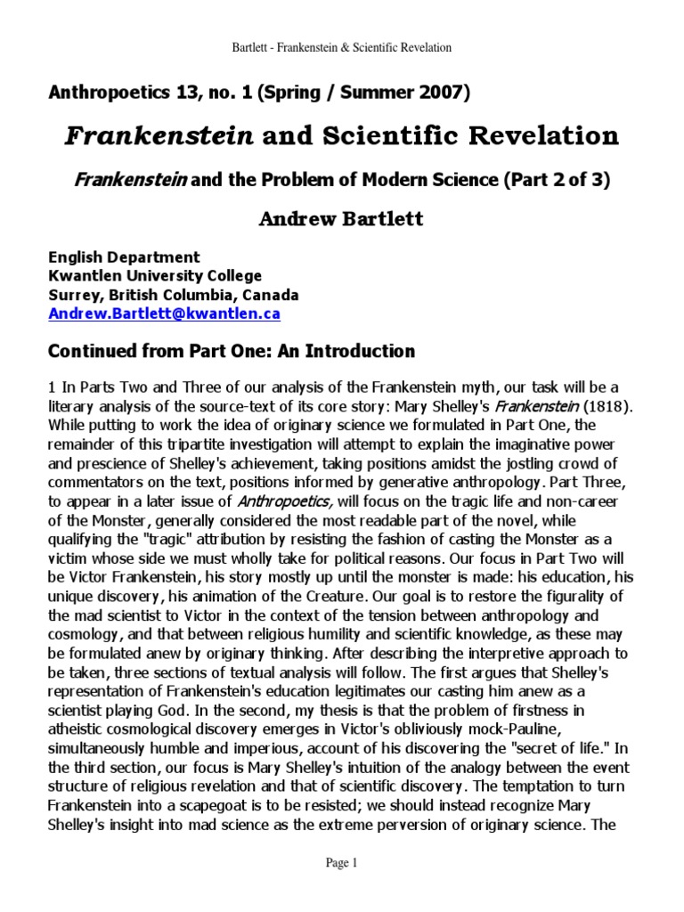Frankenstein and Scientific Revelation: Andrew Bartlett | PDF ...