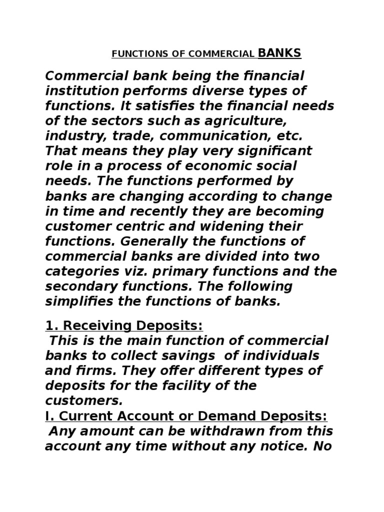 Functions of Commercial Banks Explained | PDF | Overdraft | Deposit Account