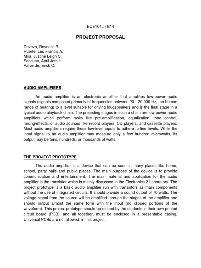 Project Proposal: Audio Amplifiers | PDF | Amplifier | Electronic Circuits