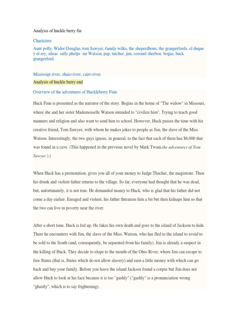 Huckleberry Finn Character and Plot Analysis | PDF | Adventures Of ...