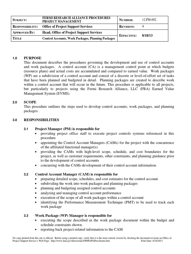 Control Accounts, Work Packages, Planning Packages | PDF ...