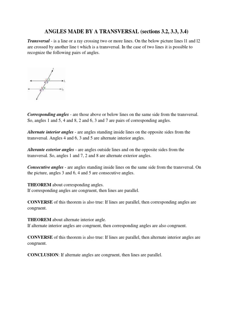 Types of Angles Formed by Transversals | PDF