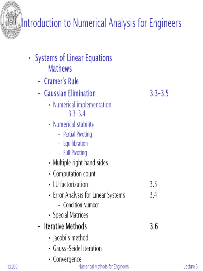 Introduction To Numerical Analysis For Engineers: - Systems of Linear ...