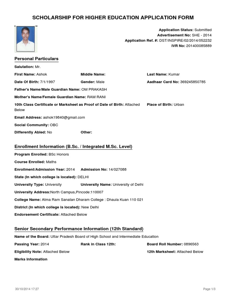 Scholarship For Higher Education Application Form: Personal Particulars ...