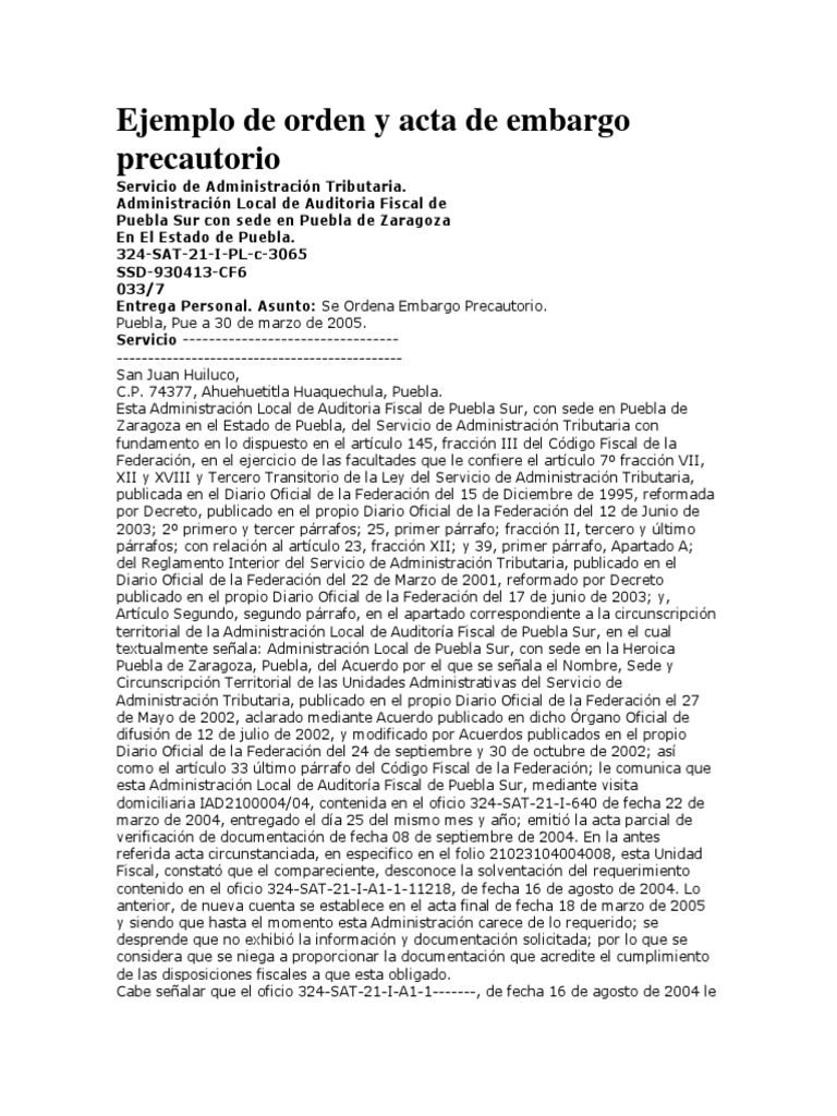 Ejemplo de Orden y Acta de Embargo