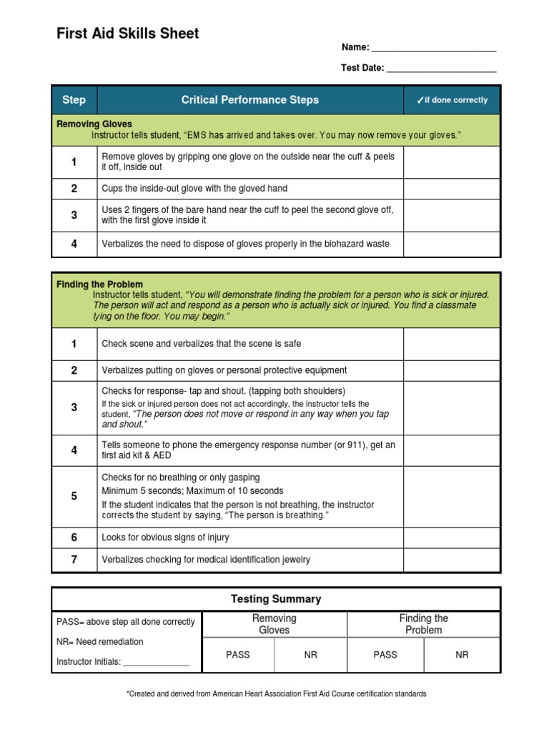 First Aid Skills Sheet | PDF