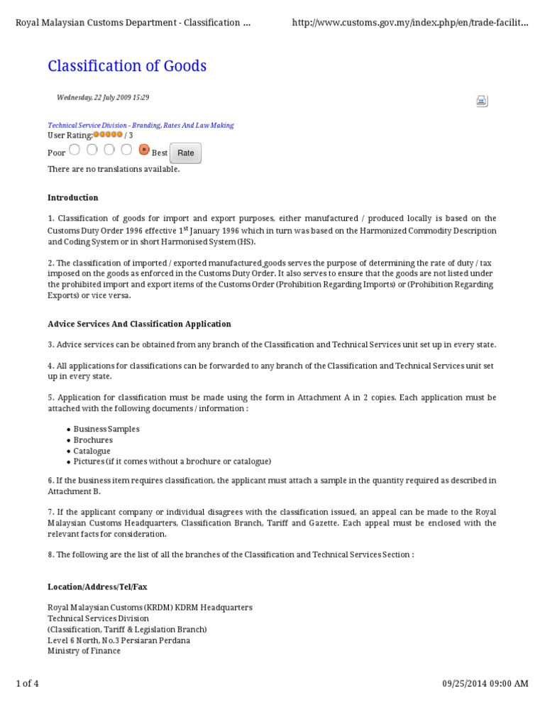 Classification of Goods: Royal Malaysian Customs Department ...