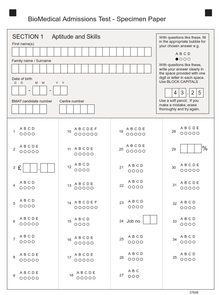 BMAT Specimen Section 1 Response Sheet | PDF | Academic Administration ...