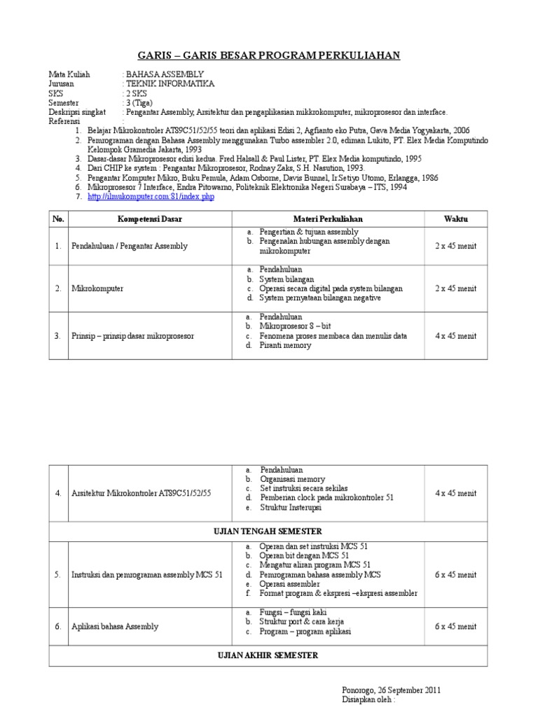 Garis - Garis Besar Program Perkuliahan: No. Kompetensi Dasar Materi Perkuliahan Waktu | PDF