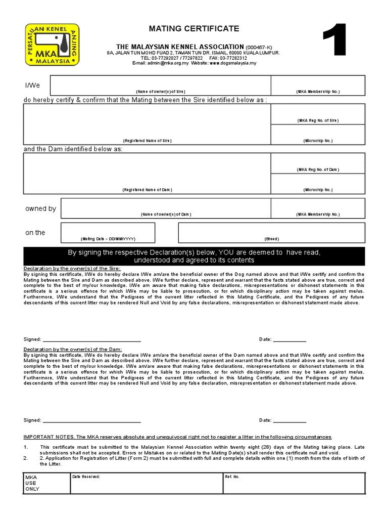 Form 1, Mating Certificate | PDF | Animal Breeding | Domesticated Animals