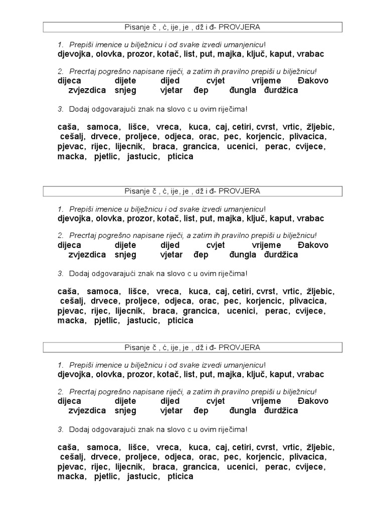 Pisanje č,ć, dž, đ, ije, je- PROVJERA | PDF