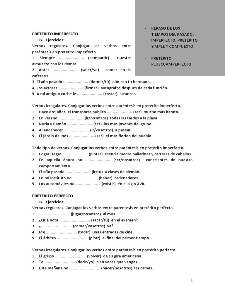 Ejercicios de Tiempos Pasados en Español | PDF | Verbo | Gramática
