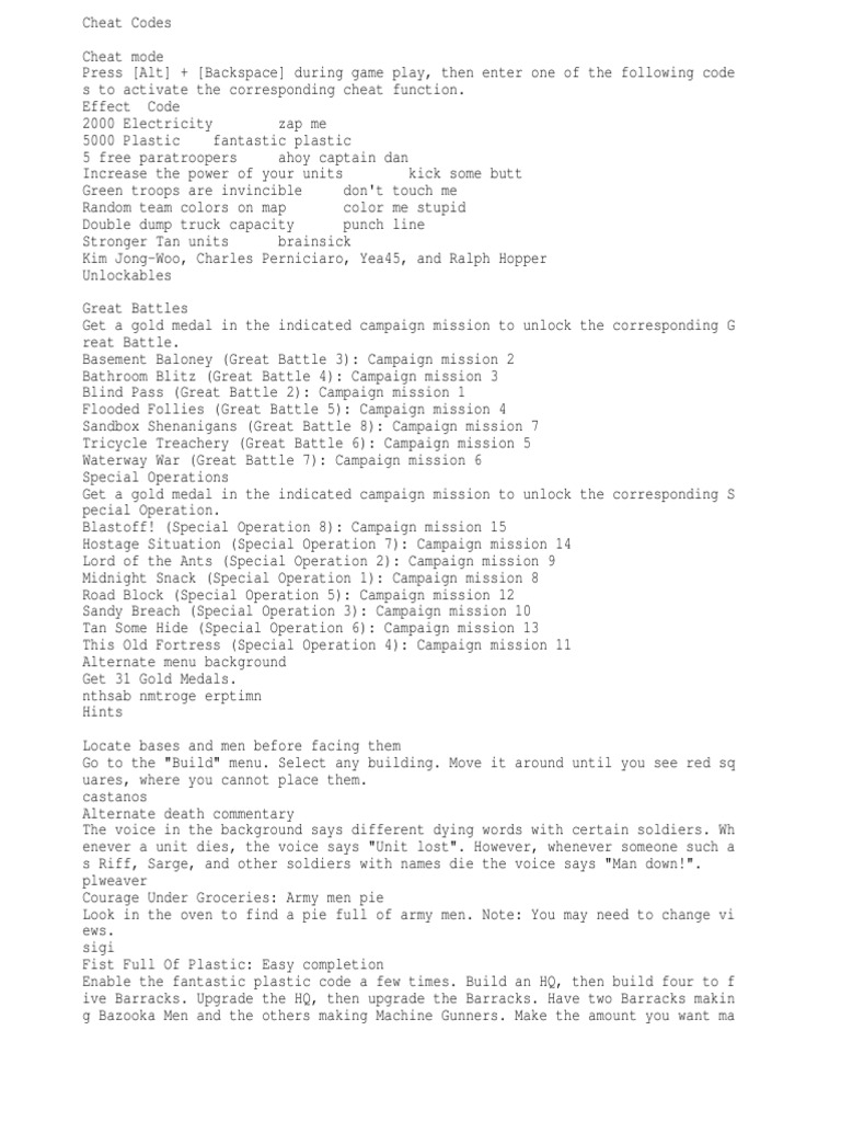 Army Men Rts Cheats Codes