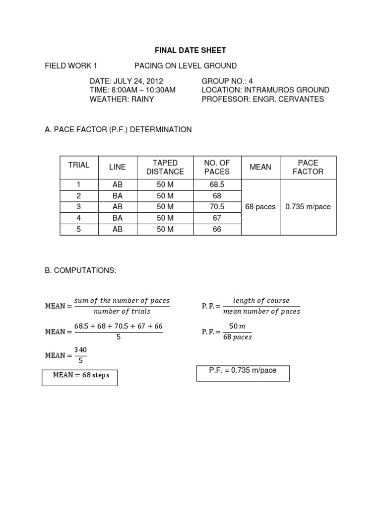Field Work No. 1 Pacing On The Ground | PDF | Surveying | Scientific ...