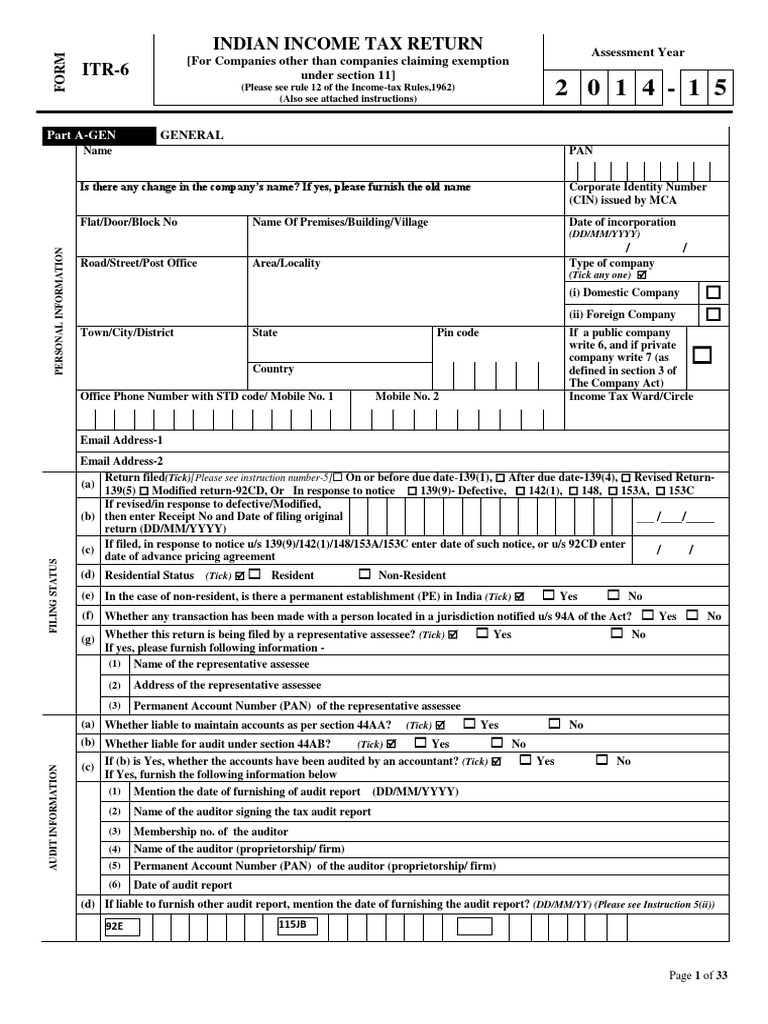 ITR-6 Indian Income Tax Return: (For Companies Other Than Companies ...