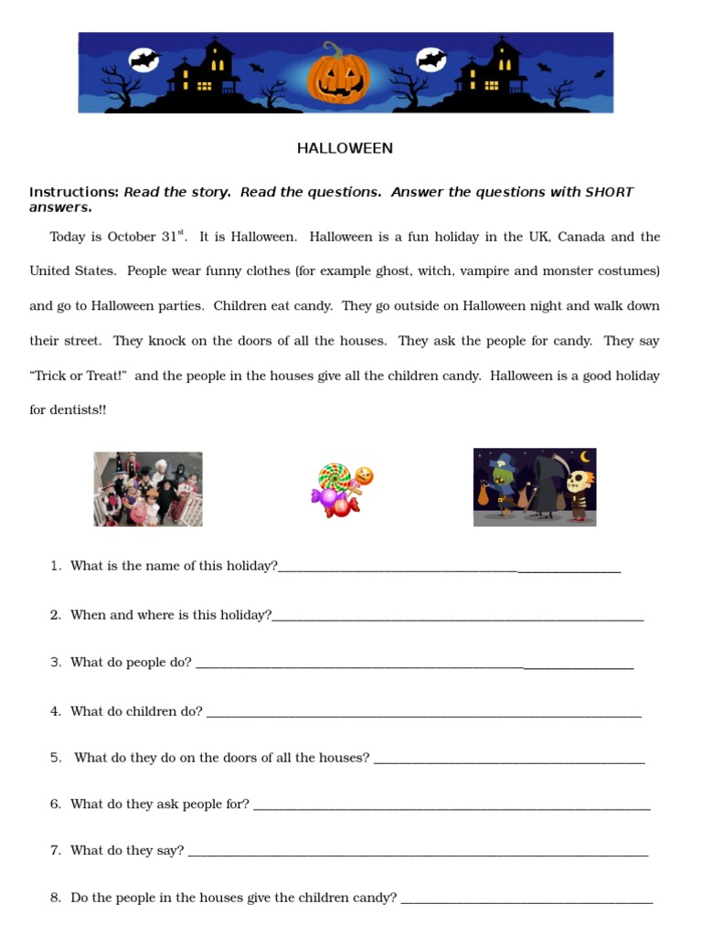Halloween: Instructions: Read The Story. Read The Questions. Answer The ...