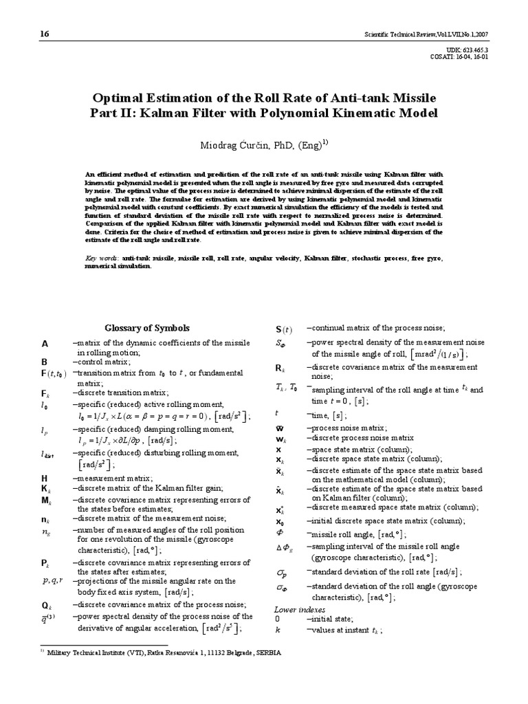 Optimal Estimation of The Roll Rate of Anti-Tank Missile | PDF | Kalman ...