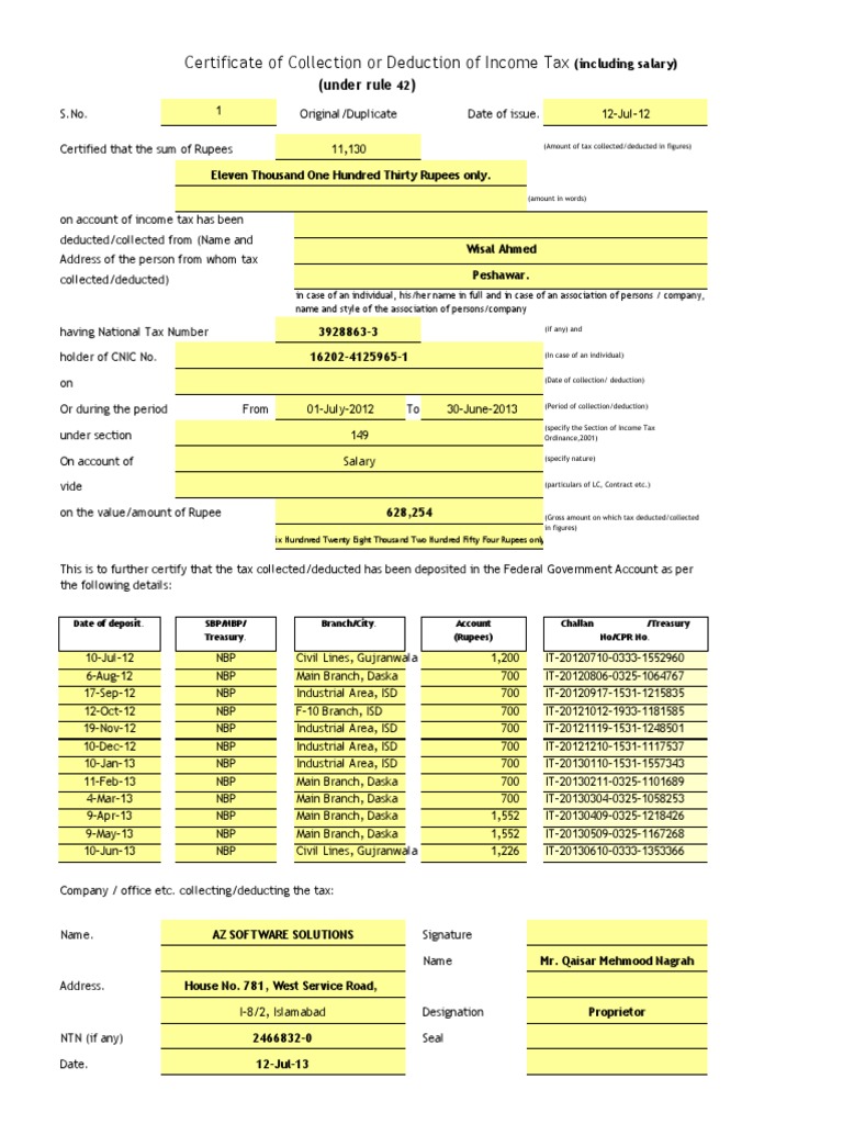 Certificate of Collection or Deduction of Income Tax: (Under Rule ...