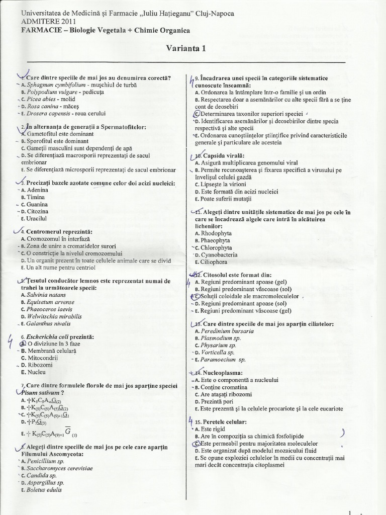 Subiecte Admitere Farmacie | PDF