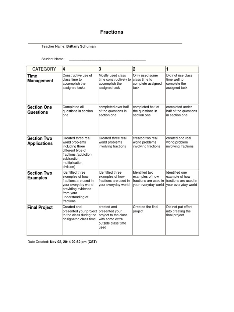 Fraction Project Evaluation Rubric | PDF | Computers