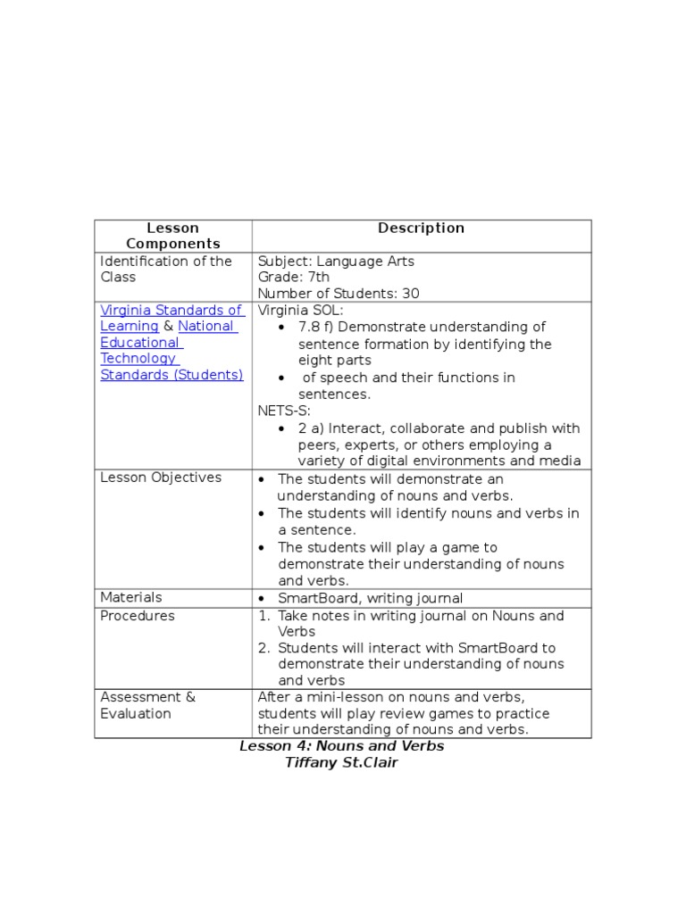 7th Grade Nouns and Verbs Lesson | PDF