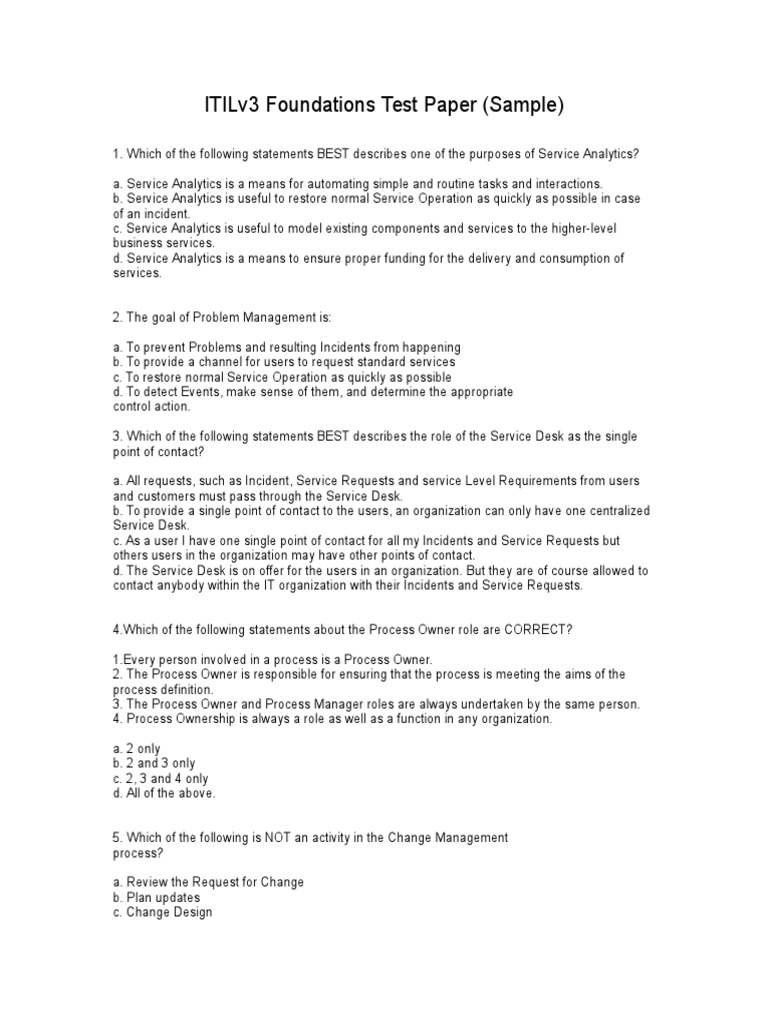 Itilv3 Foundations Test Paper (Sample) | PDF | Business