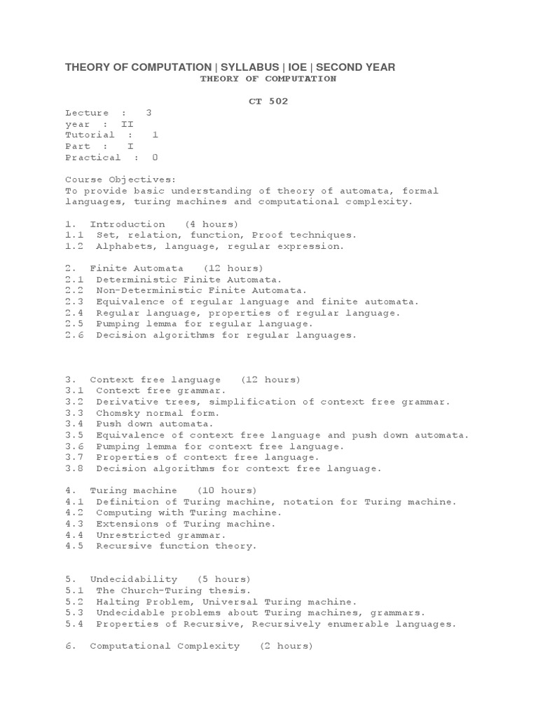 THeory of Computation Syllabus | PDF