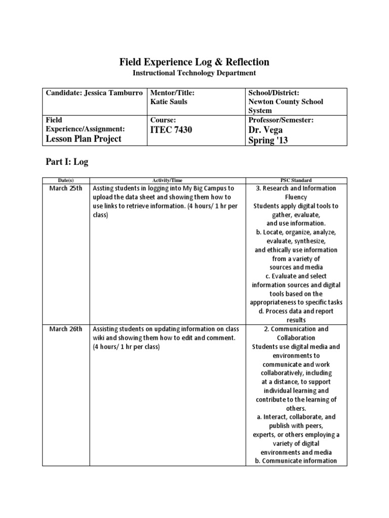Itec 7430 Field Experience Log Lesson Plan | PDF | Lesson Plan | Race ...