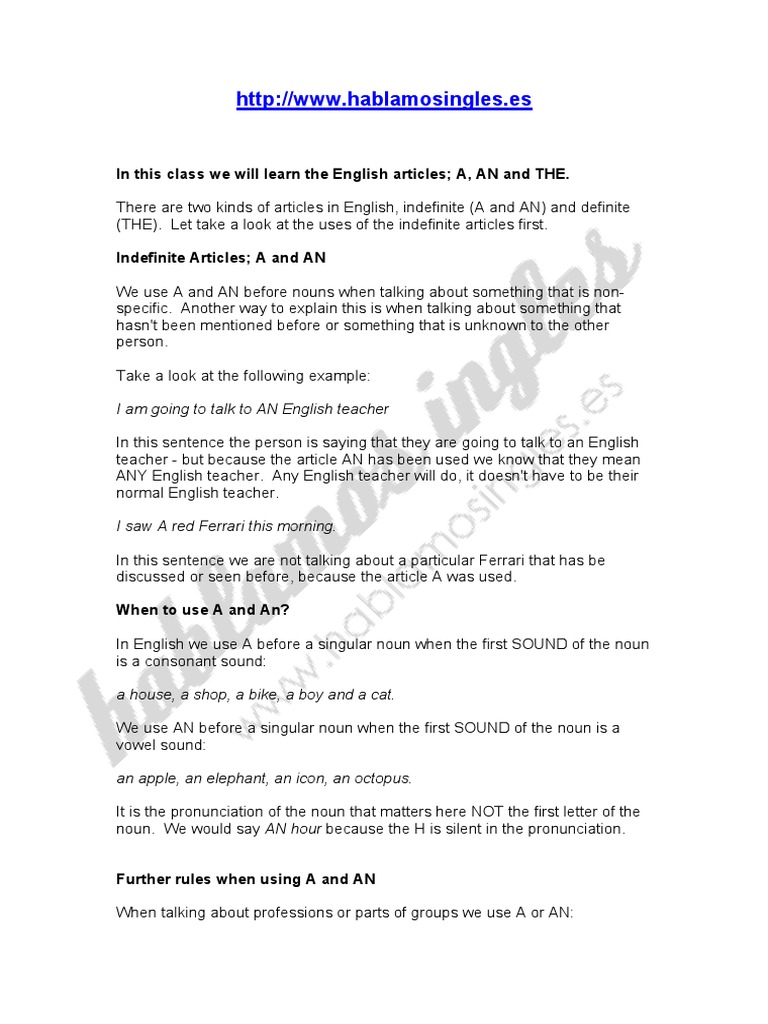 Understanding English Articles: A, An, The | PDF