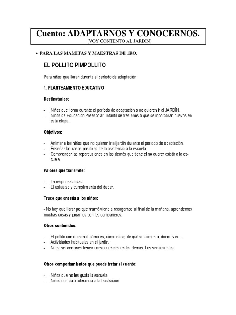 Cuento Pollito Pimpollito 1ro. | PDF | Jardín de infancia | Pollo