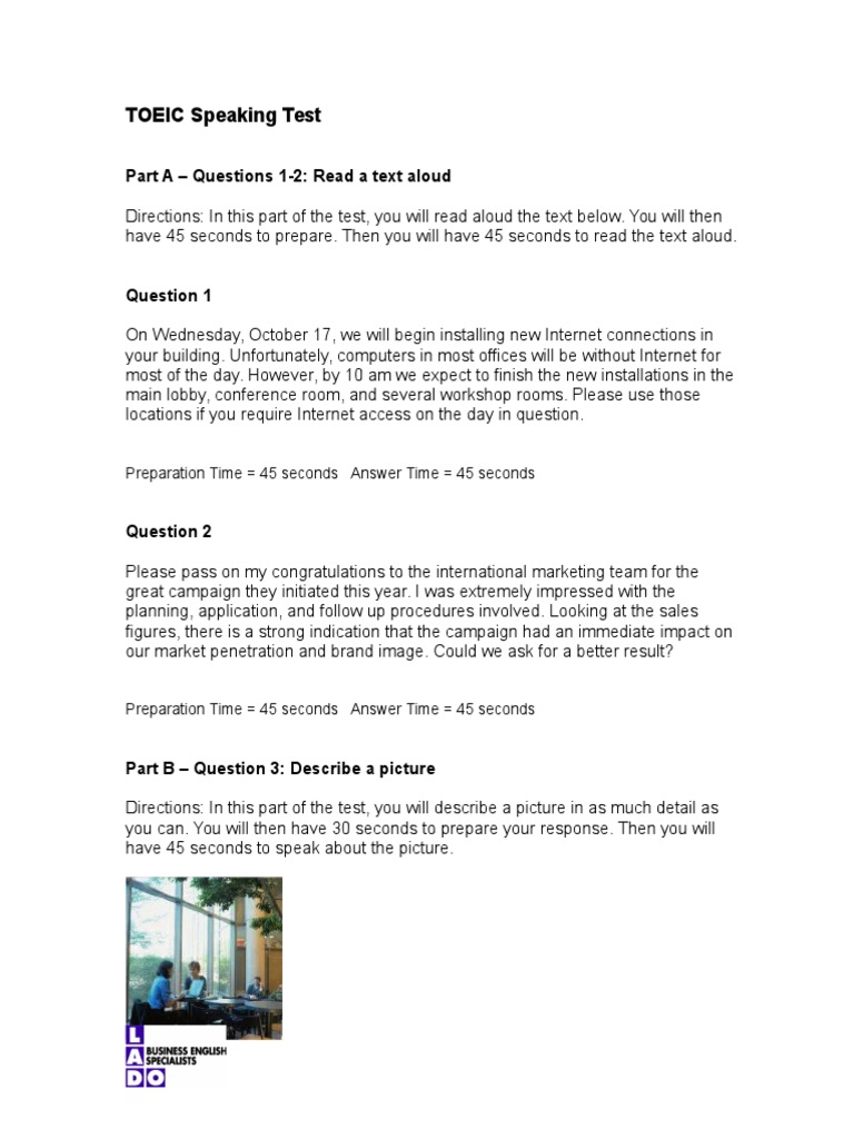 TOEIC Speaking Test: Part A - Questions 1-2: Read A Text Aloud | PDF