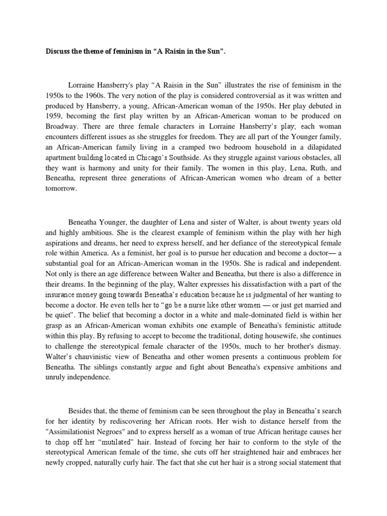 A RAISIN in The SUN - The Theme of Feminism in | PDF | Feminism ...