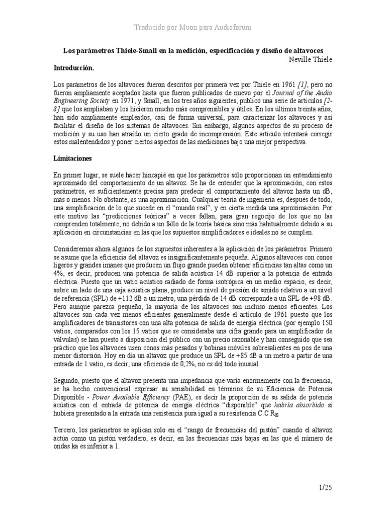 Parametros Thiele Small | PDF | Altoparlante | Impedancia eléctrica